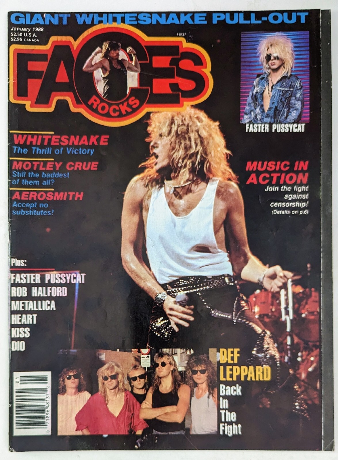 Faces Rocks Magazine January 1988 Whitesnake, Metallica, KISS, Priest ...
