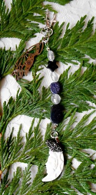 Keychain or Purse Charm, Carved Bone Crescent Moon Pave Crystals, Blue ...