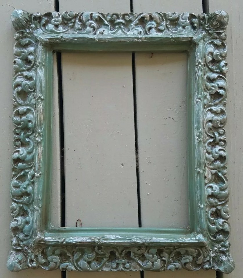 Vtg PLASTER Picture Frame High Relief Ornate Shabby Chic Turquoise 19 ...