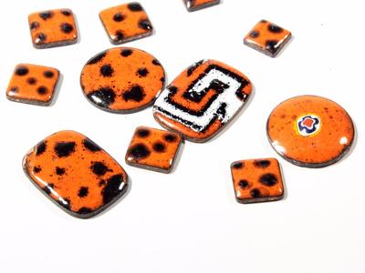 Lot (11) antique Czech orange black enamel glass over metal mosaic art ...