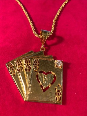 14KT GOLD PLATED GAMBLING 4 ACES & CZ CHARM &16"-30" 3MM ROPE CHAINS ...