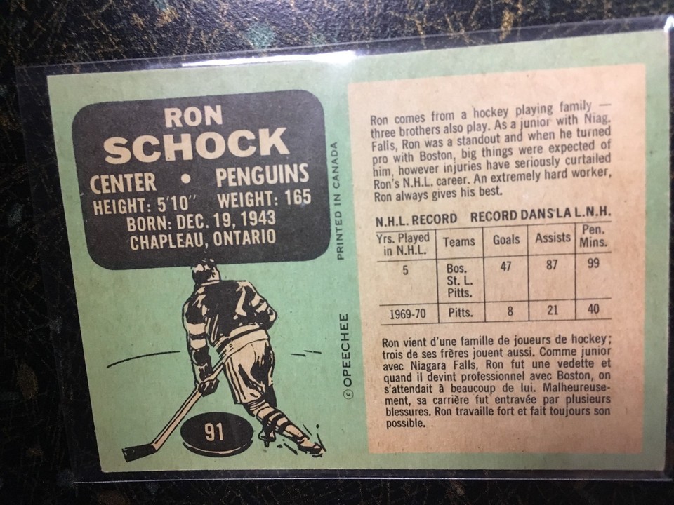 O-PEE-CHEE HOCKEY 1970-71 RON SCHOCK CARD 91 PITTSBURGH PENGUINS | eBay