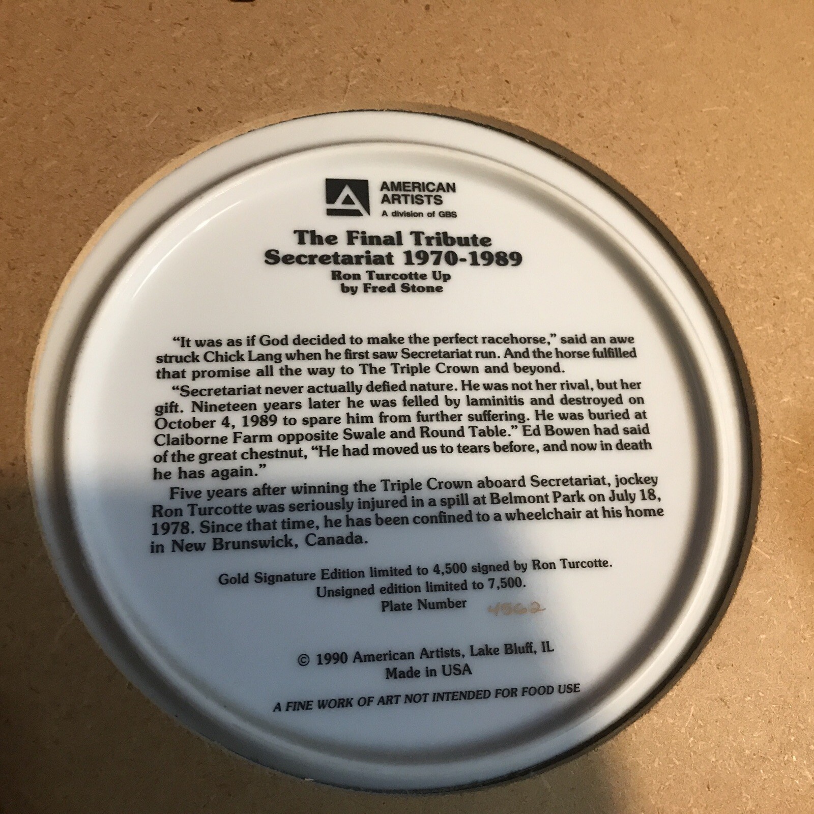 Vtg SECRETARIAT Ron Turcotte Fred Stone Collector Plate Final Tribute ...