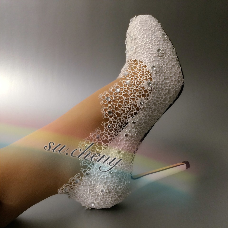 su.cheny White 4" heel platform rhinestone lace Wedding Bridal shoes ...