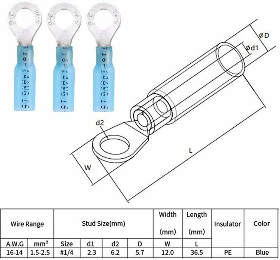 100x 16-14AWG Gauge Ring Eyelet Heat Shrink Wire Connectors Terminals 1 ...