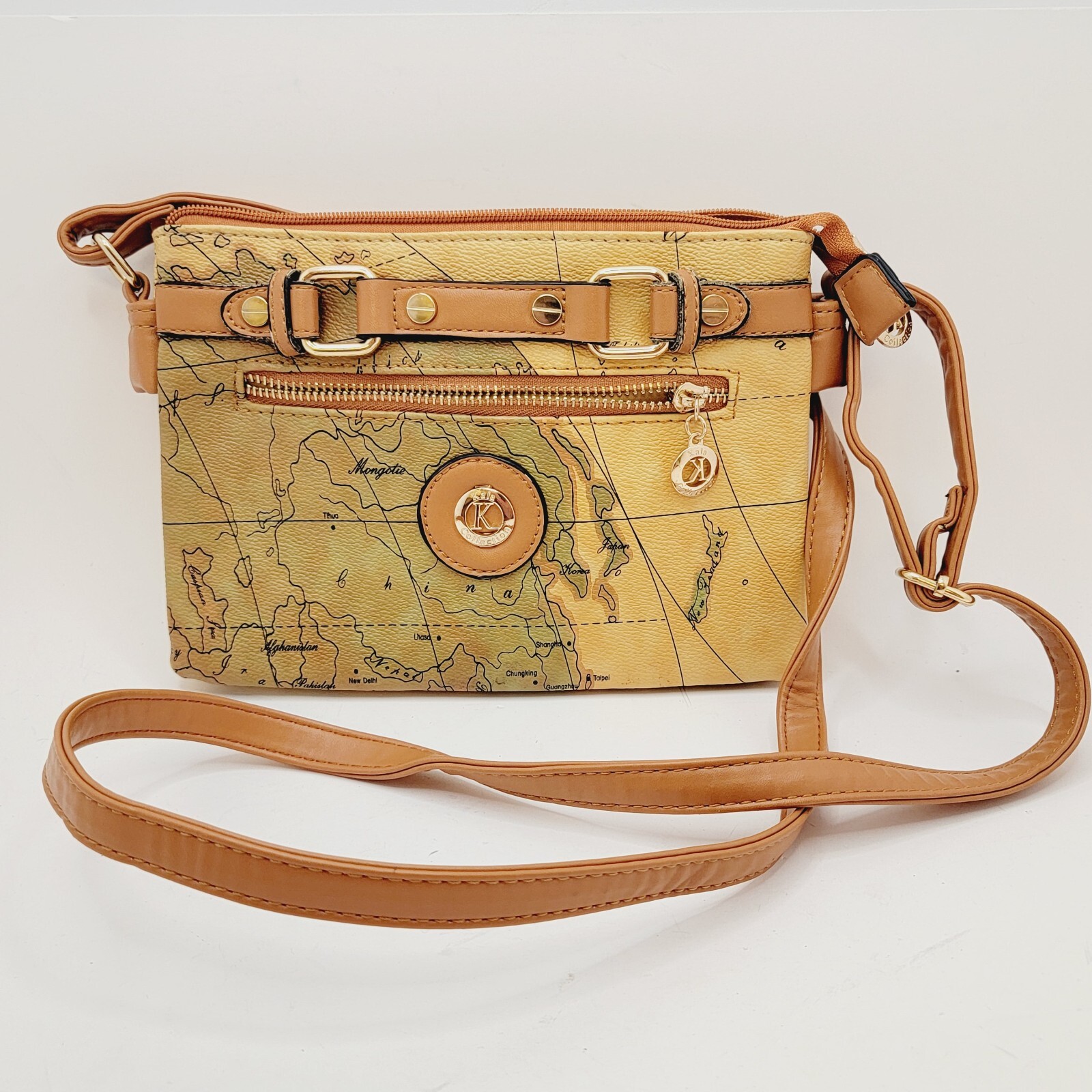 Kala Collection Global Map Tan Leather Travel Crossbo… - Gem