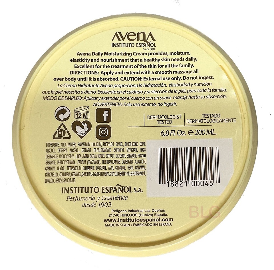 AVENA Instituto Español Moisturizing Oat Cream Hand Body Skin Lotion 6 ...