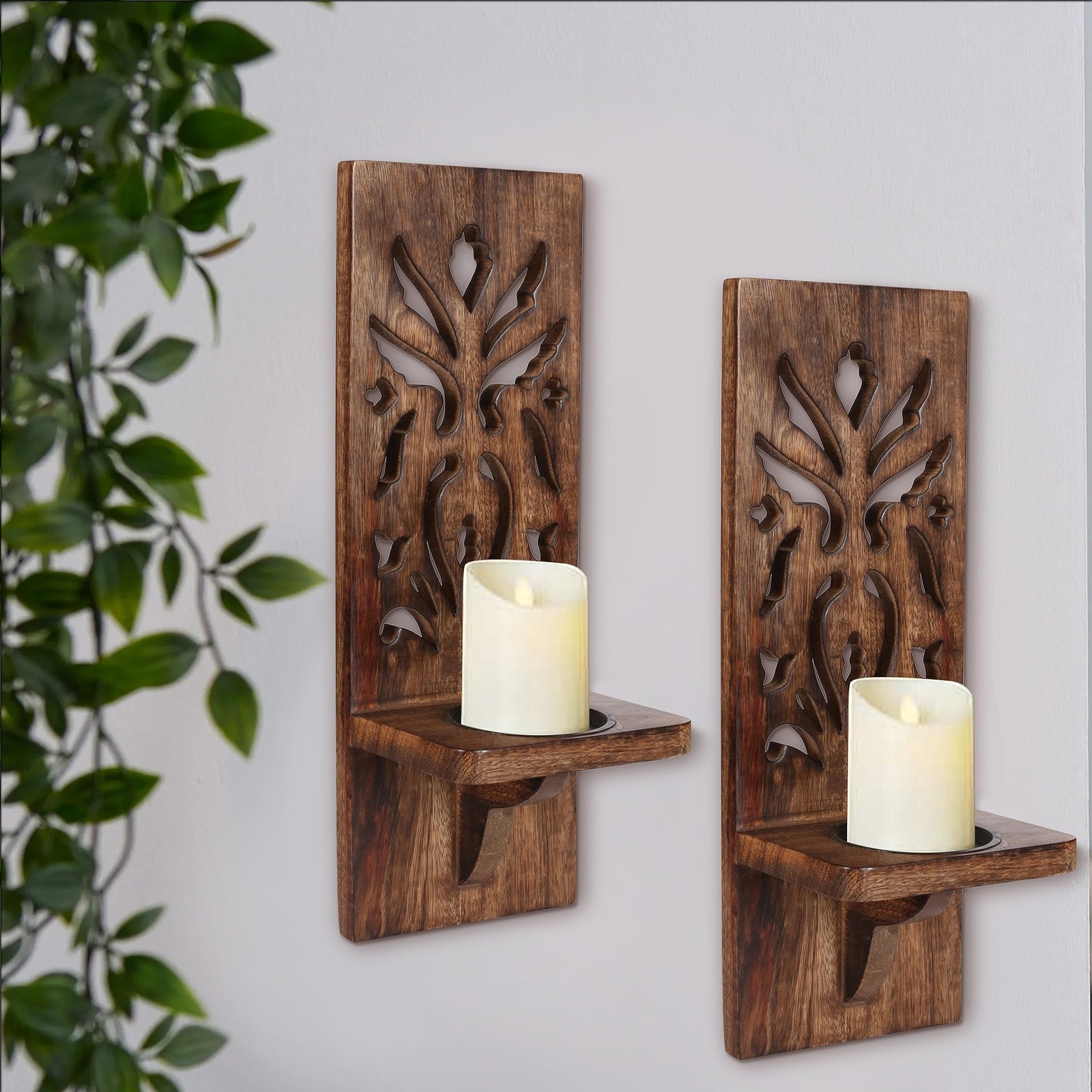 Burnt Wood Wall Sconces (Set of 2) - Wall Mounted Pillar Candle Holders ...