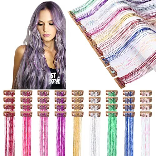 36 Pcs 19.7 Inch Clip In Hair Tinsel Fairy Hair Tinsel Kit Clips Clip ...