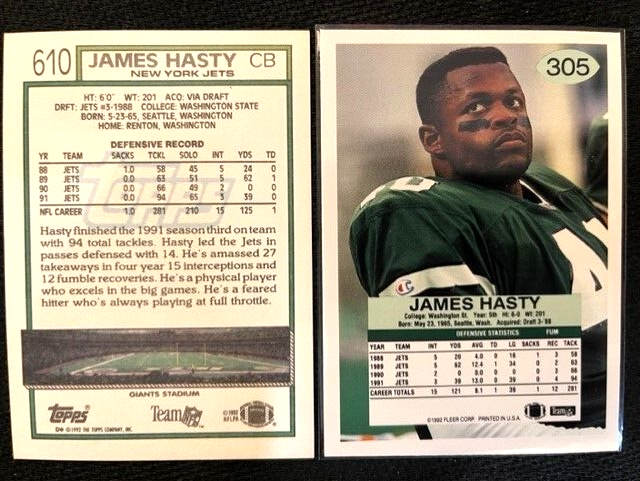 NFL - James Hasty 1992 Topps & 1992 Fleer Football - Jets | eBay