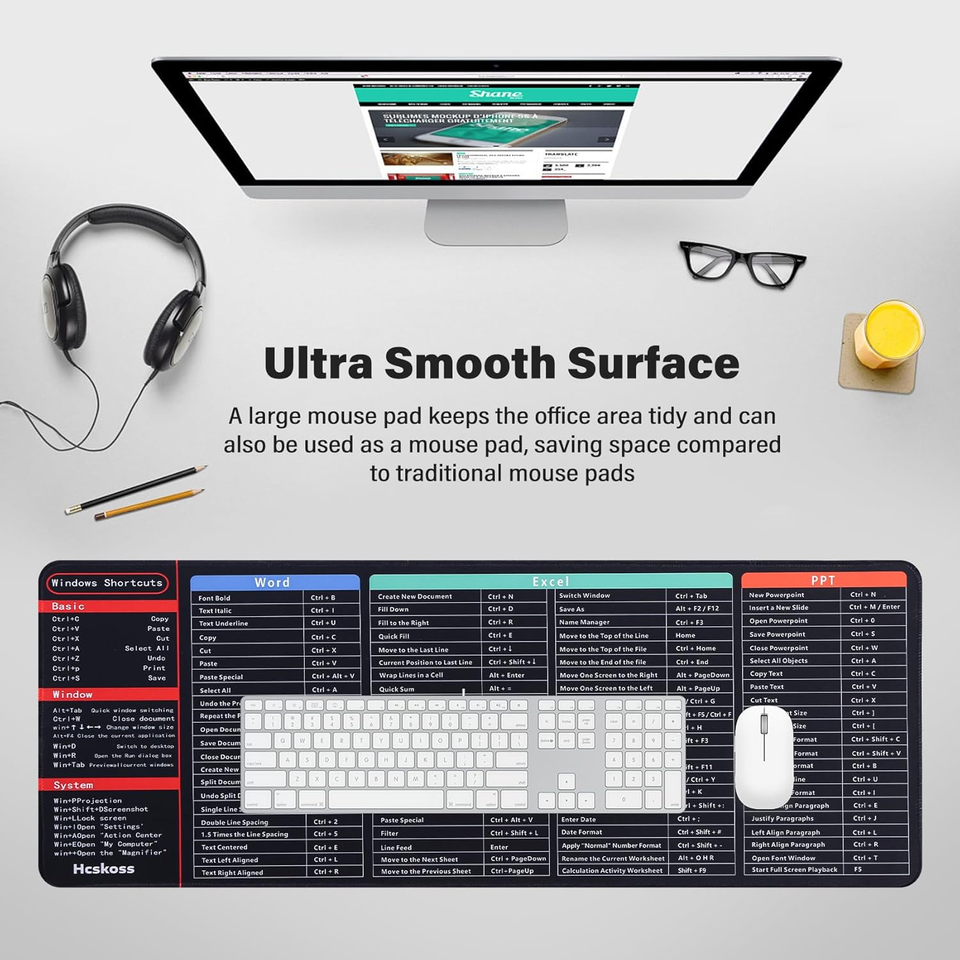 Excel Shortcut Keys Mouse Pad Exel Cheat Sheet Desk Mat 80X30Cm Large ...