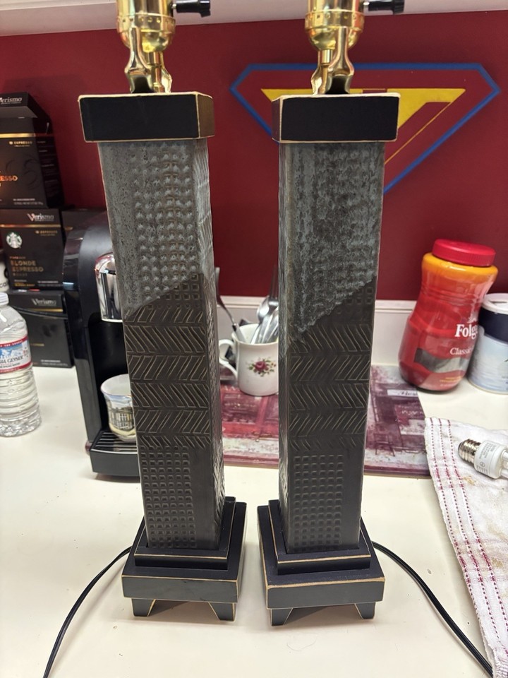 Maitland-Smith Pair Architectural Table Lamps Black Gold Square Column ...