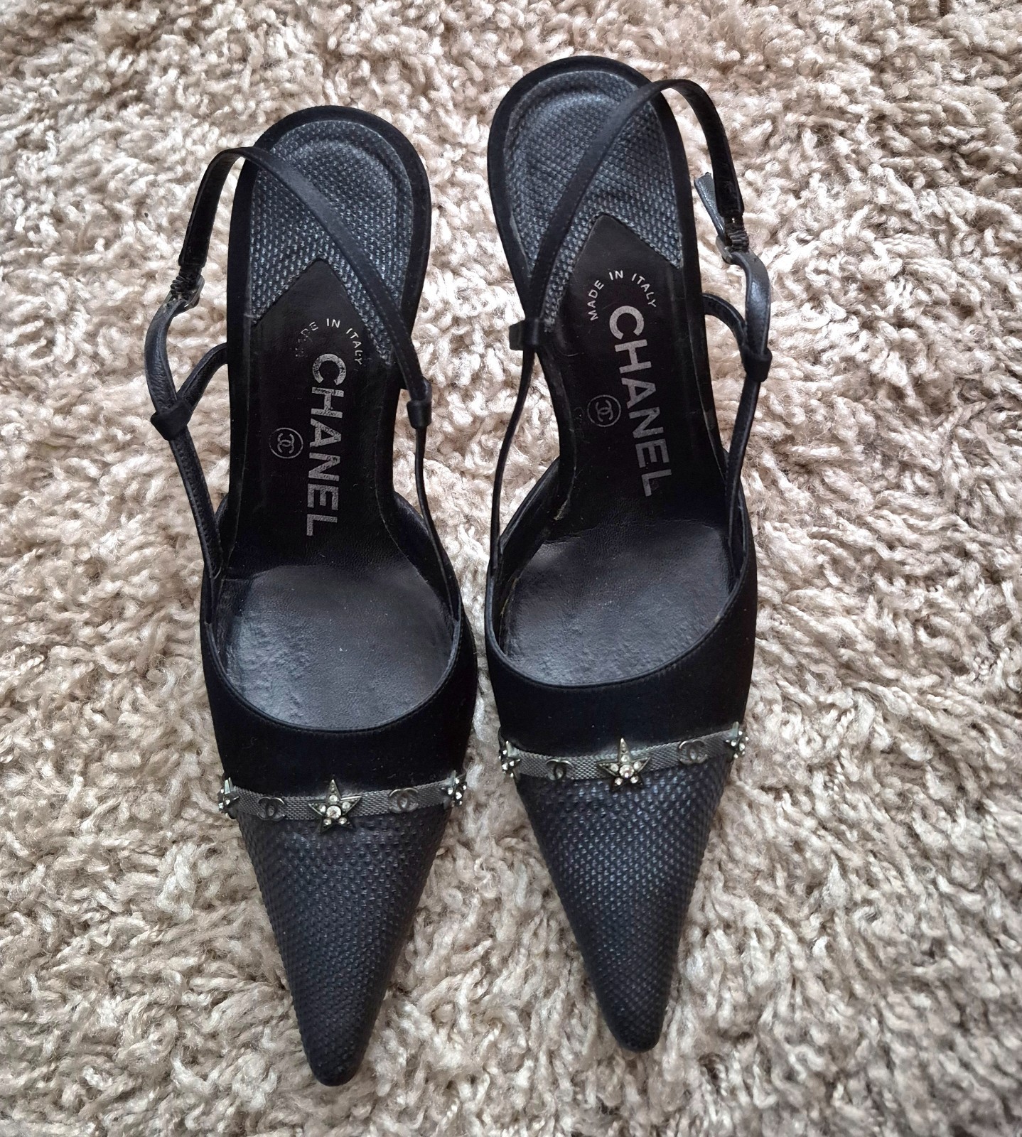 Chanel pre owned black heels slingback stars satin leather sz 6 | eBay