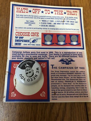 VTG 1972 AMOCO SWEEPSTAKES CARD & REPROD CAMPAIGN PIN 1932 FRANKLIN D ...