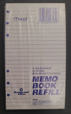 NOS 1993 Mead Memo Book Refill 6 3/4" x 3 3/4" 80 Sheets 6 Ring ...