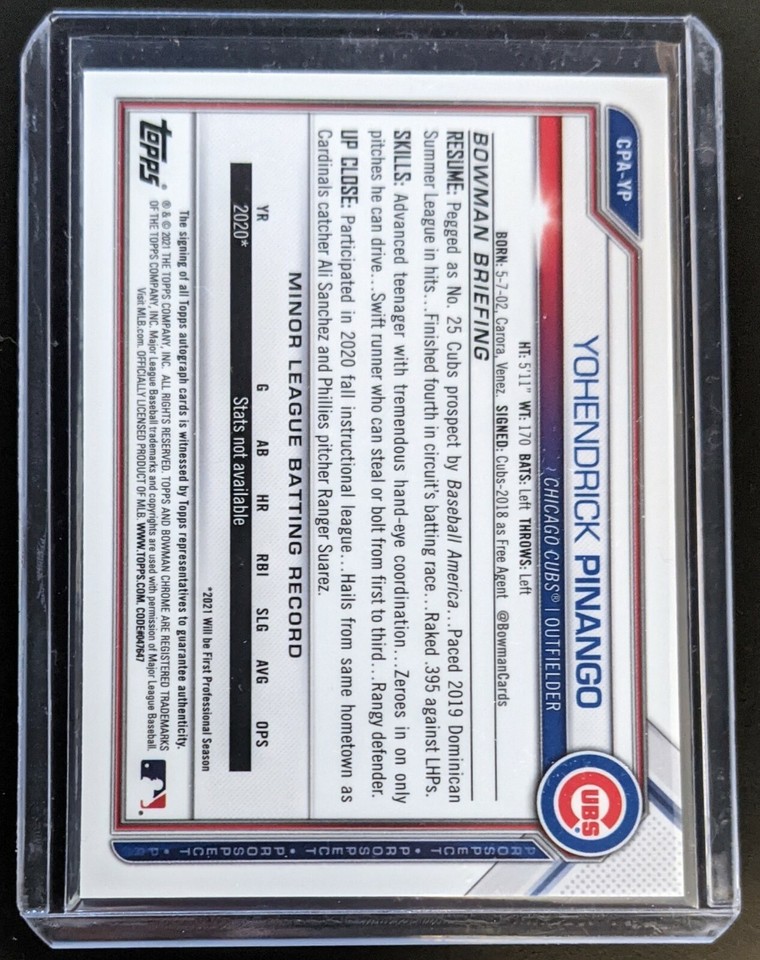 Yohendrick Pinango 2021 Bowman Chrome 1st Auto Chicago Cubs | eBay
