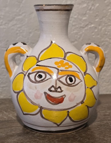 DESIMONE HAND PAINTED POTTERY PITCHER JUG PICASSO STYLE SUN FACE VASE ...