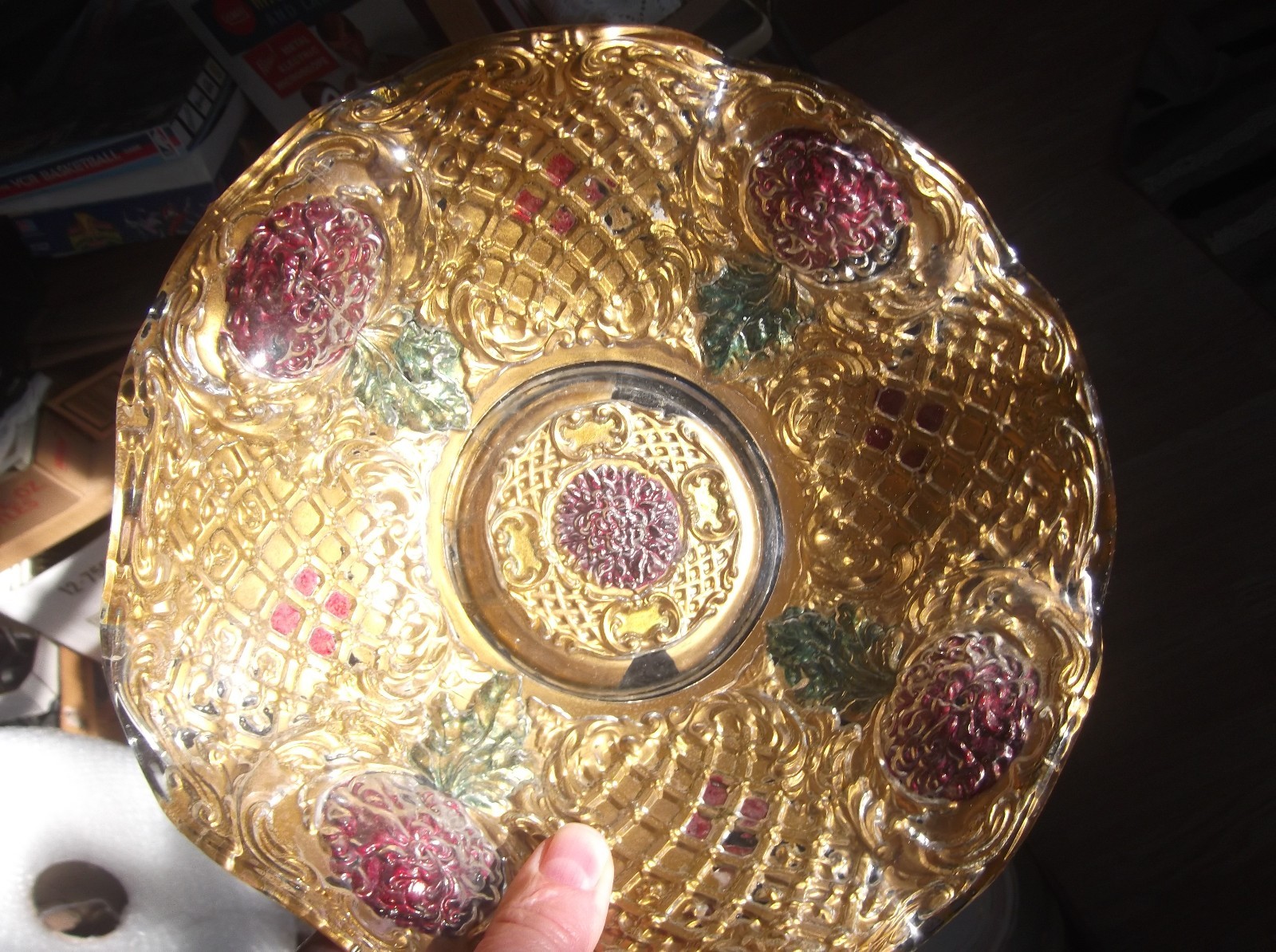 Vintage Goofus Glass Red, Green and Gold Floral Design Bowl with ...