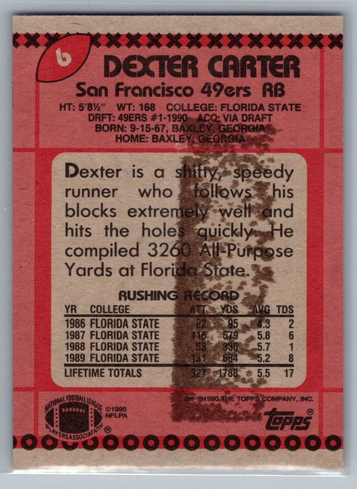 1990 Topps #6 Dexter Carter 49ers ROOKIE Draft Pick | eBay
