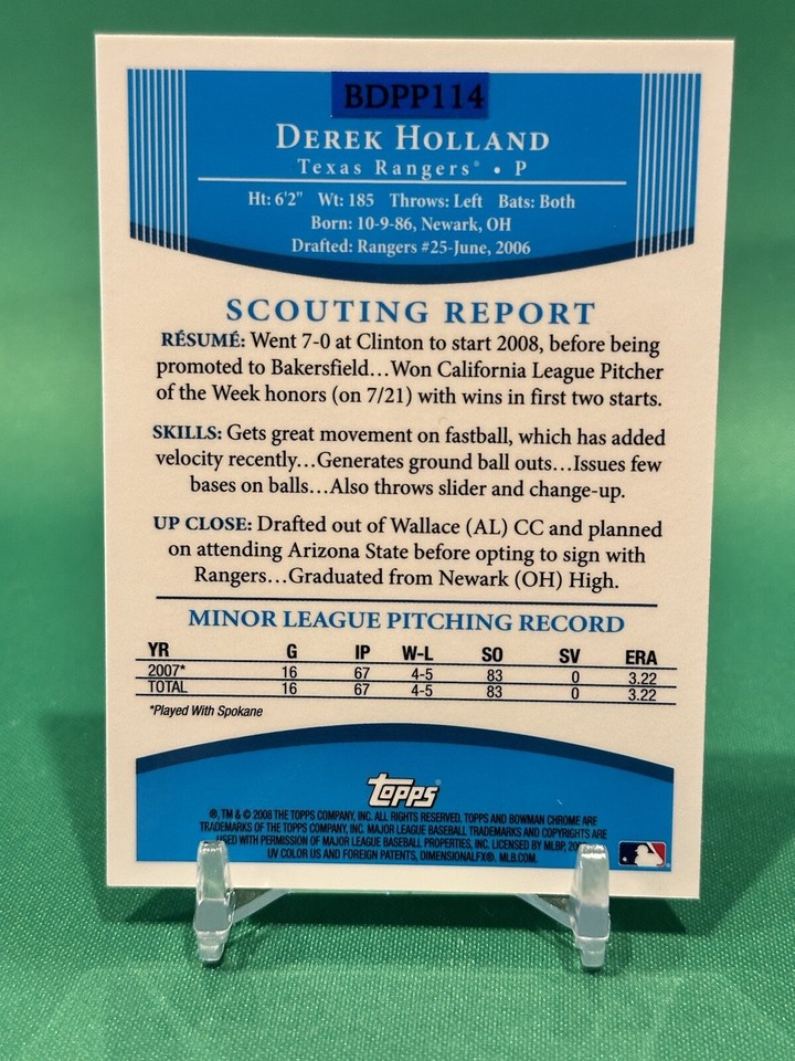 2008 Bowman Draft Prospects Chrome Derek Holland #BDPP114 Auto Rangers ...
