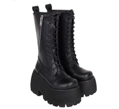 Womens Fashion Punk Gothic Round Toe Lace Up Zipper Knee Boots Chunky ...