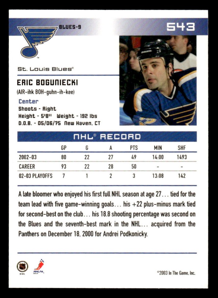 Eric Boguniecki 2003 In The Game Action #543 St. Louis Blues | eBay