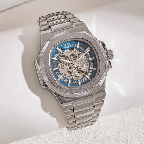 Luxury Stainless Steel Skeleton Automatic Watch – Blue Dial, Mechanical ...