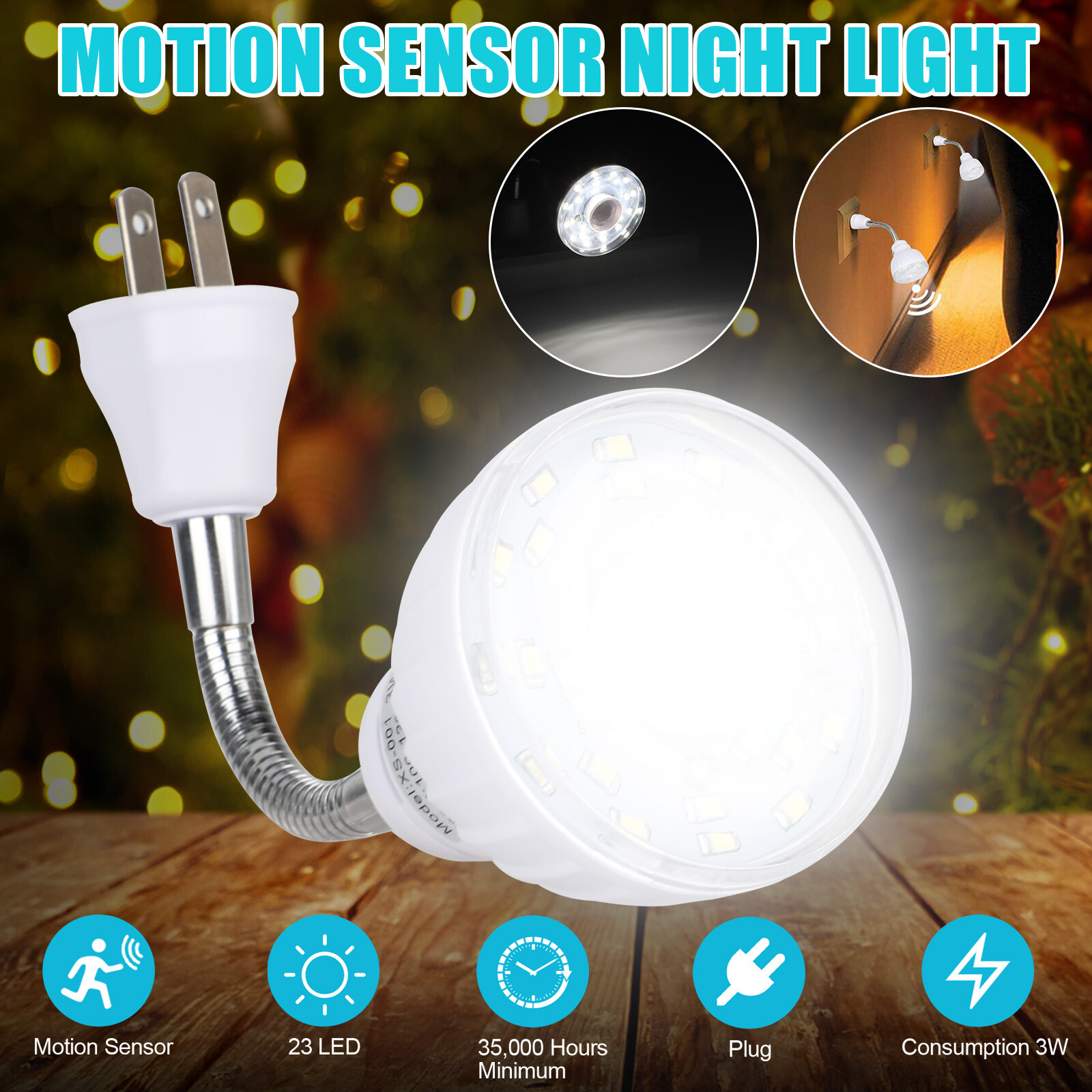 LED Motion-Activated Sensor Night Light AC Outlet Plug-In Indoor Wall ...