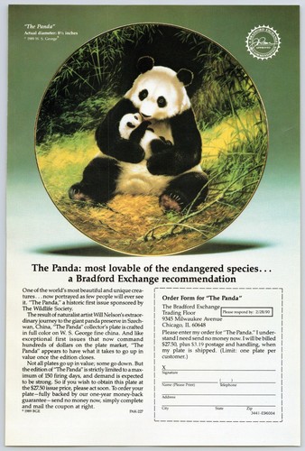 1990 Vintage Print Ad Bradford Exchange Panda Plate Endangered Species ...