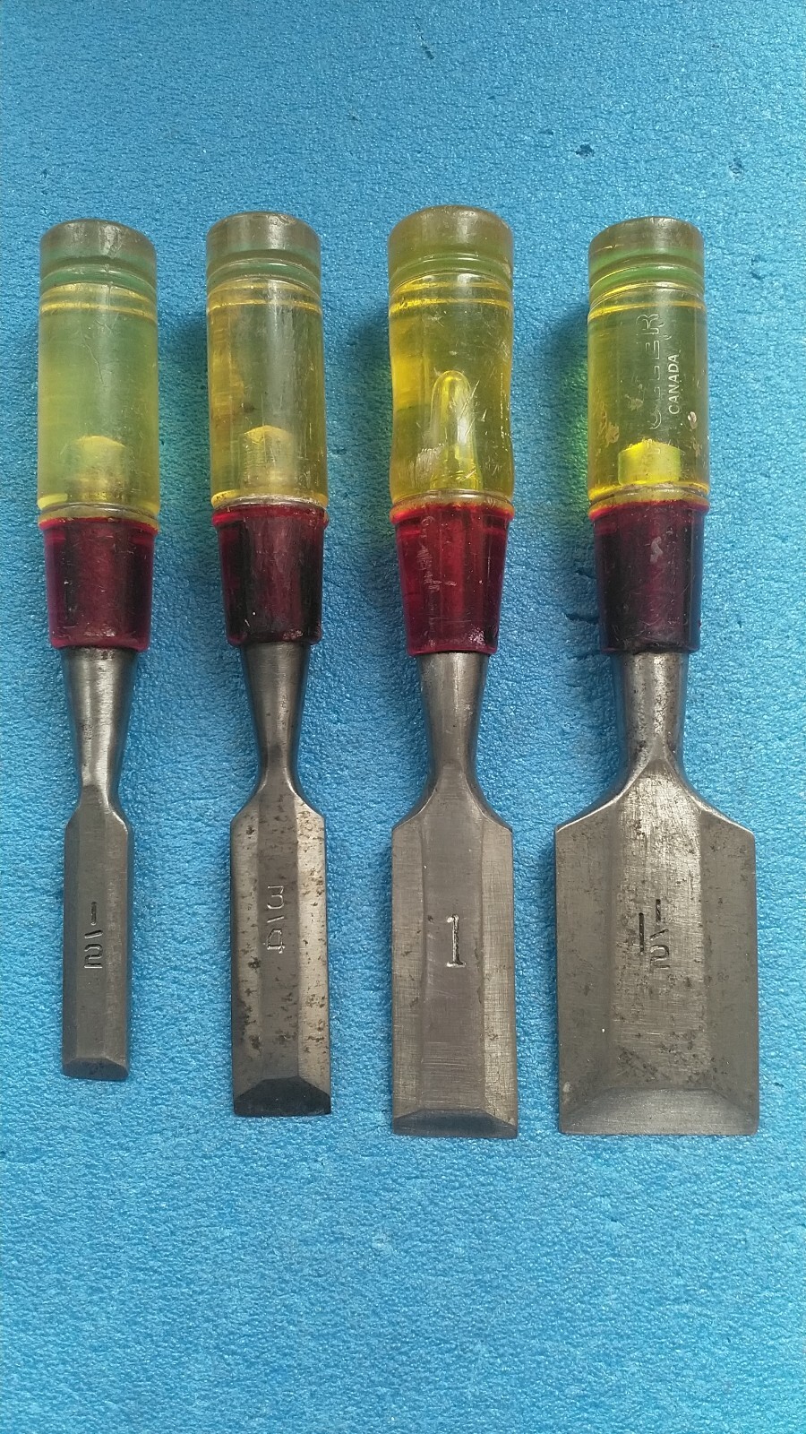 4 Vintage Fuller Bevel Edge Chisels Yellow Plastic Handles 1/2",3/4", 1 ...