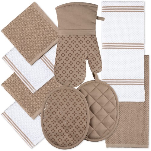 9-Piece Kitchen Set – Tan 100% Cotton Terry Dish Towels, Dishcloths ...