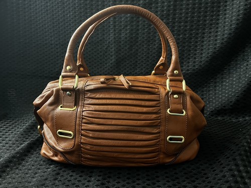 Michael Rome Womens Pleated Leather Rolled Handle Tote Handbag Cognac ...