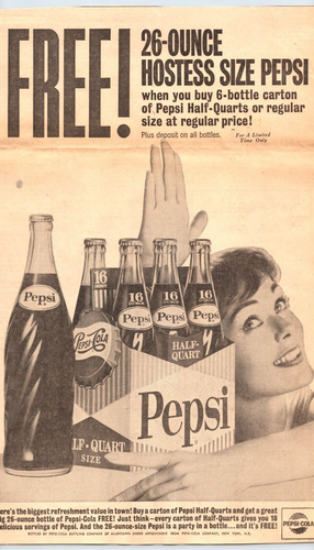 1963 WOMAN PEPSI 16 OUNCE SIX PACK Vintage 9"X14.5" Newspaper Ad 1960's ...