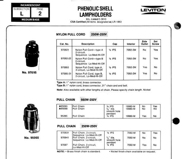 LEVITON 3-Way Nylon PULL CORD PHENOLIC Shell LAMPHOLDER Lo-Med-Hi-Off ...