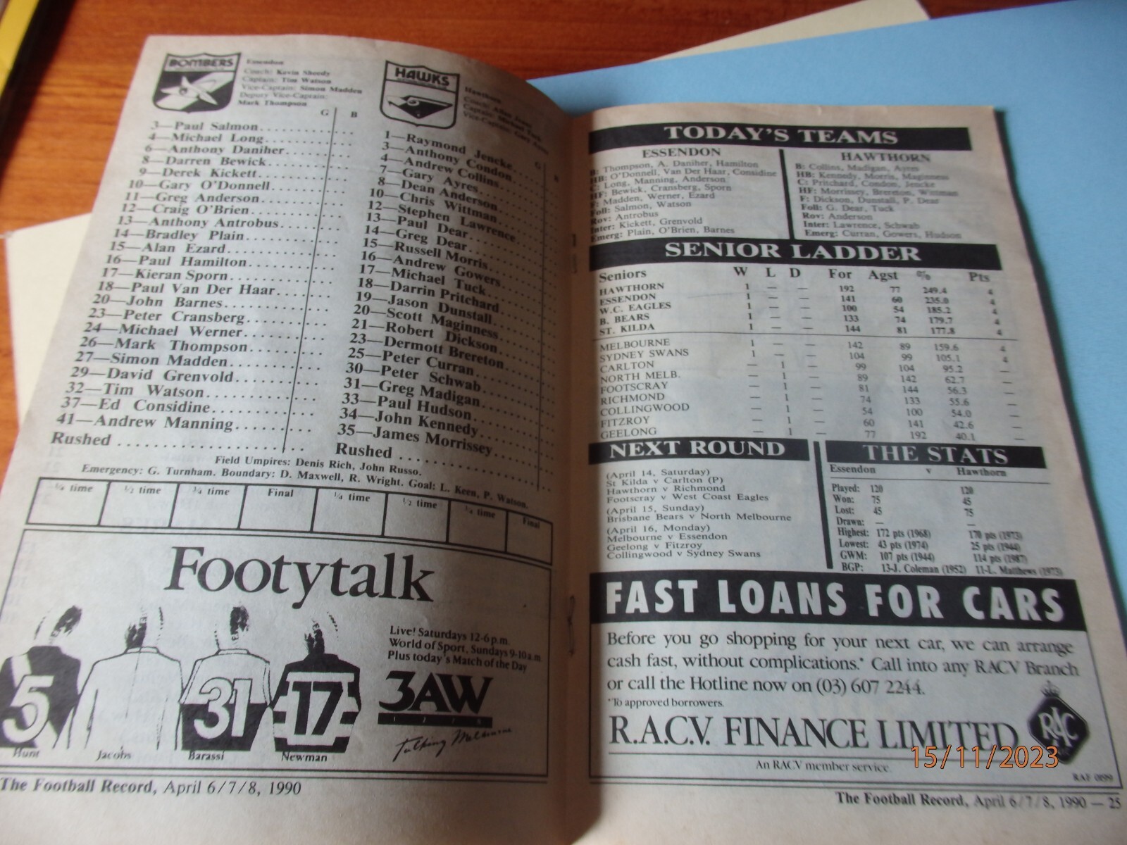 Essendon V Hawthorn- VFL Football Record 1990 Round 2 - Dunstall Cover ...