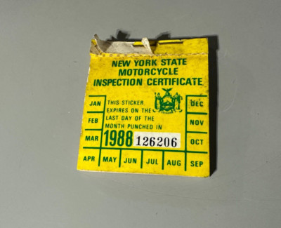 1988 NY NYS NEW YORK STATE MOTORCYCLE INSPECTION STICKER CERTIFICATE ...