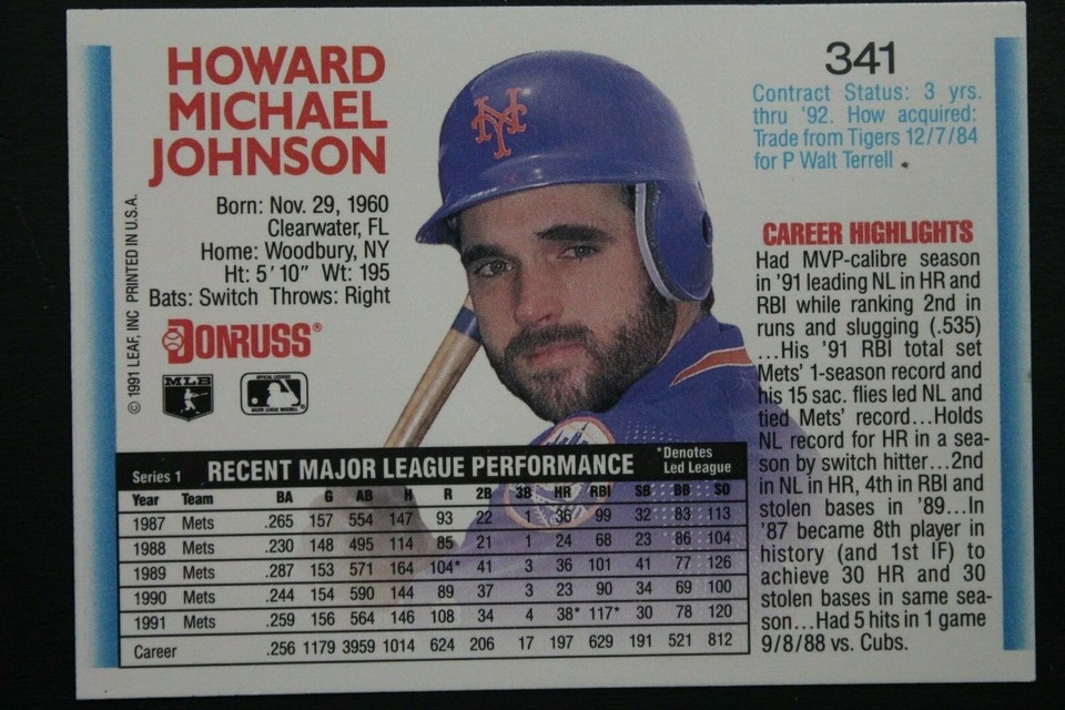 Howard Johnson New York Mets Autographed Signed 1992 Donruss #341 Card ...