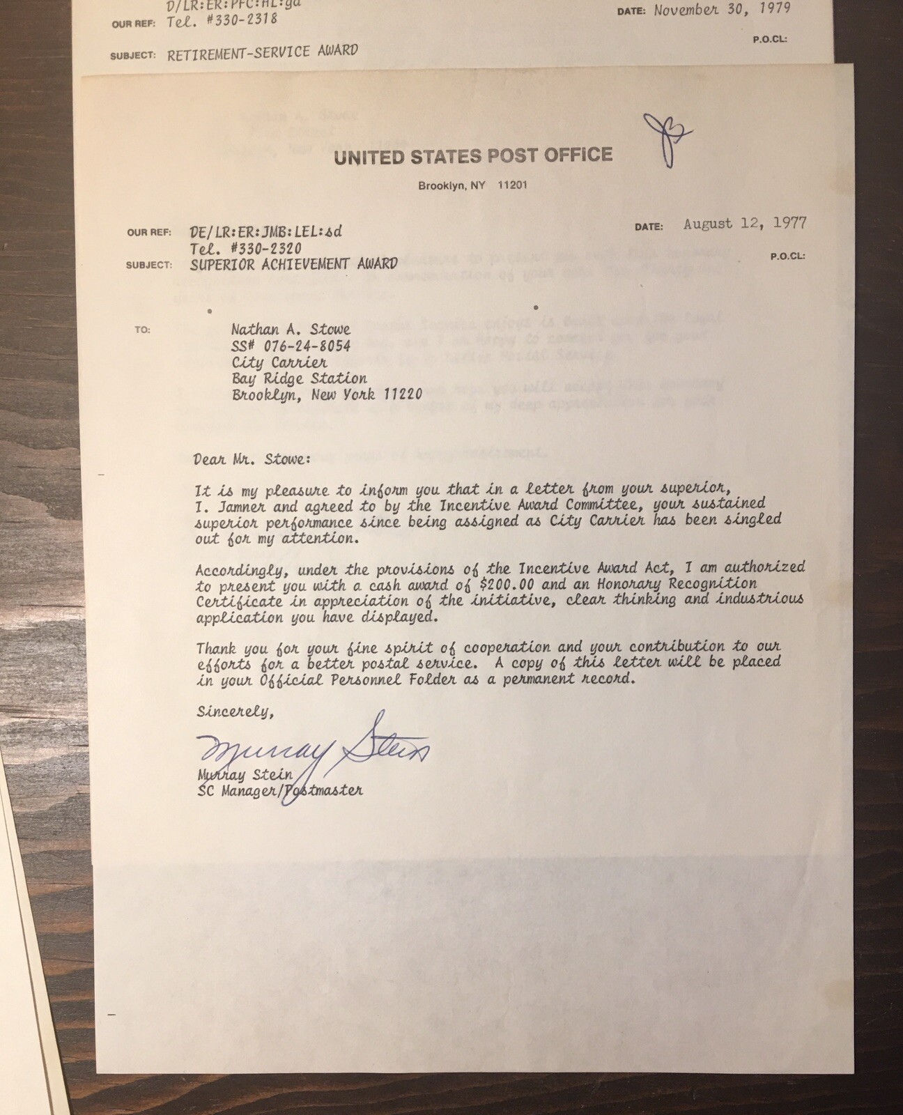 USPS United States Postal Service Award Nathan Stowe Murray Stein James ...