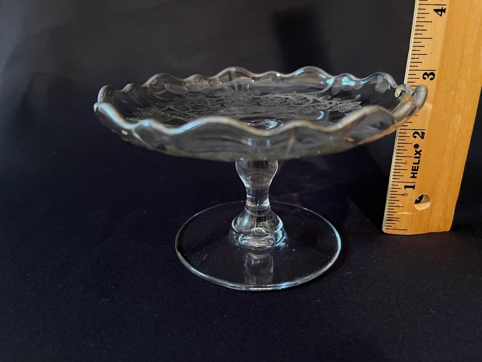 Vintage Clear Glass Small Compote Silver Overlay Floral Design 3”x 5 ...
