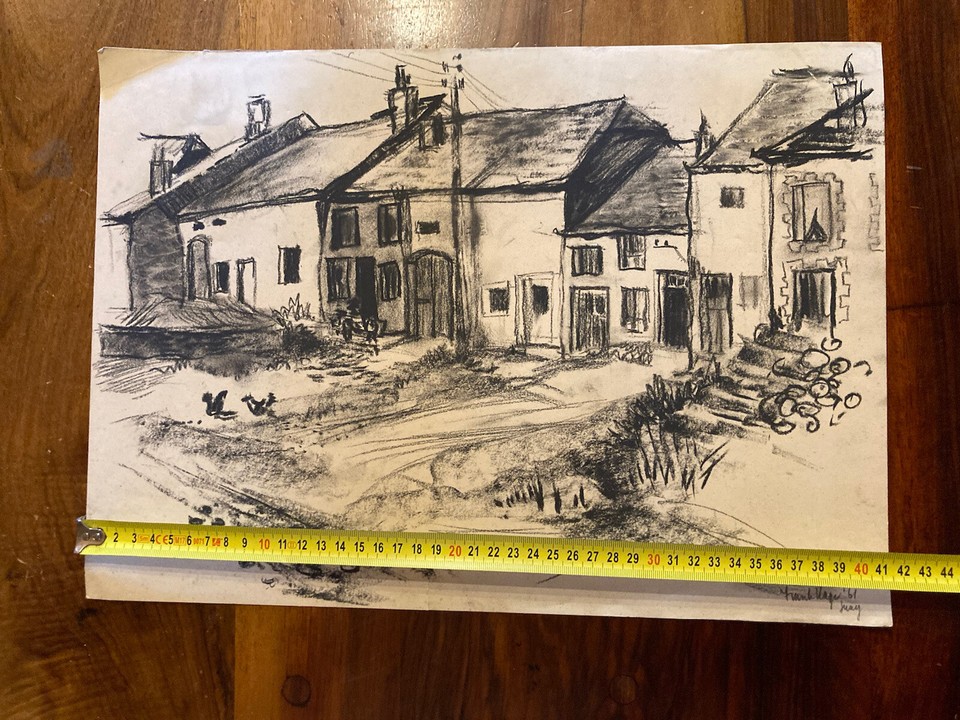 Very Nice Bachelorette Farm Drawing Charcoal Paper Pencil On 1961 Suay ...