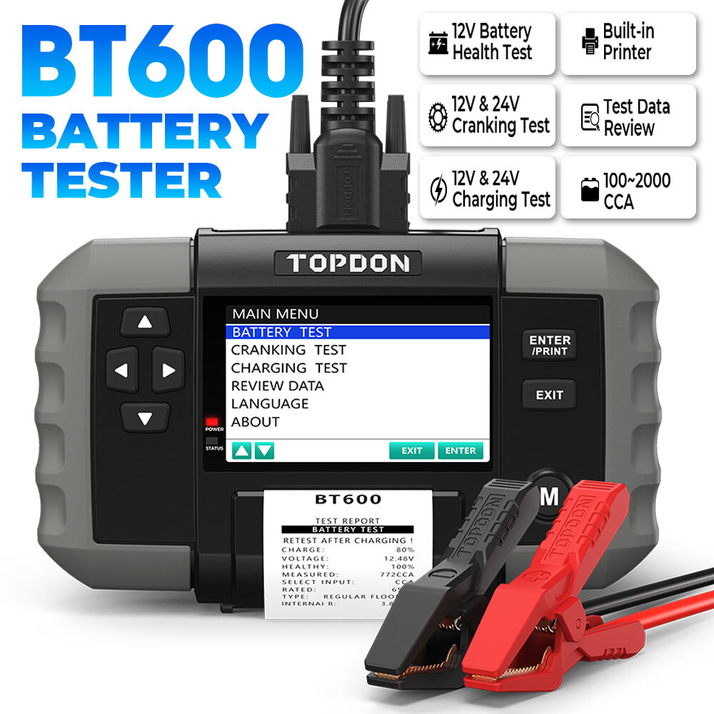 TOPDON BT600 Car Battery Tester with Printer Battery Load Test Charging ...