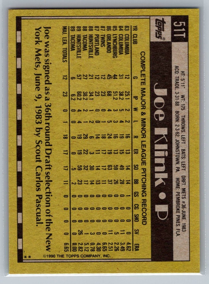 1990 Topps Traded Baseball #51T Joe Klink RC Oakland Athletics | eBay
