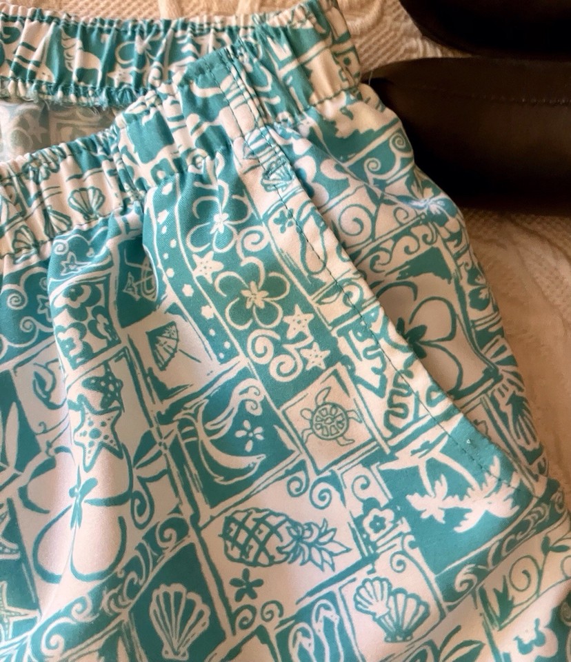 KIM ROGERS SZ 18 CAPRIS ELASTIC WAIST AQUA/WHITE SHELLS, BEACHY DESIGN ...