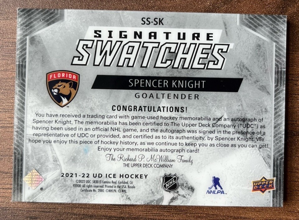 Spencer Knight 2021-22 UD Ice Signature Swatches Florida Panthers Auto ...