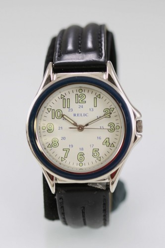 Relic Men Watch Silver Stainless Steel Black Leather WR Batt White 24hr ...