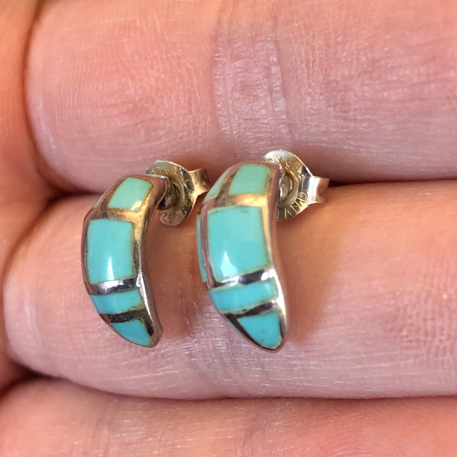 Zuni Style Turquoise Inlay & Sterling Curved Earrings… - Gem