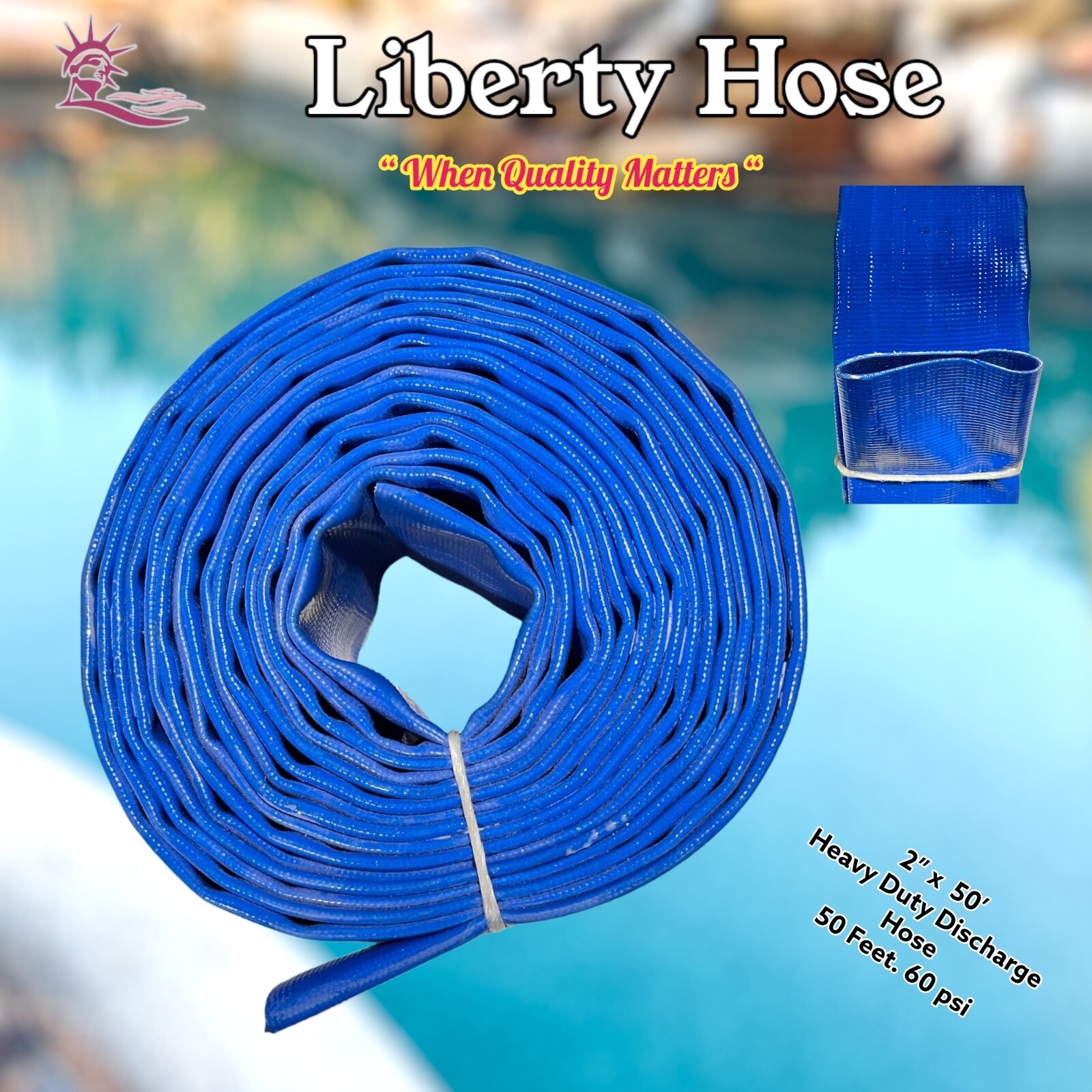 Liberty 2" inch X 50' Ft Feet PVC Lay Flat Pump Discharge Hose 60 psi ...