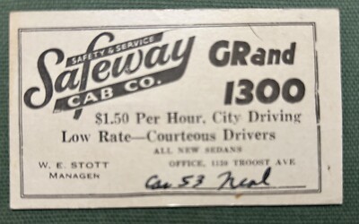c1940 Safeway taxi Cab Company business card 1130 Troost (Kansas City ...