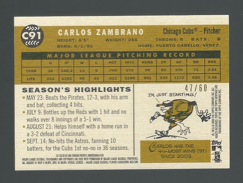 2009 Topps Heritage Chrome Carlos Zambrano Cubs #91 Black Refractor ...