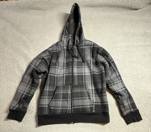 Distortion Gray Black Plaid Full Zip Long Sleeve Hooded Fleece Lined ...